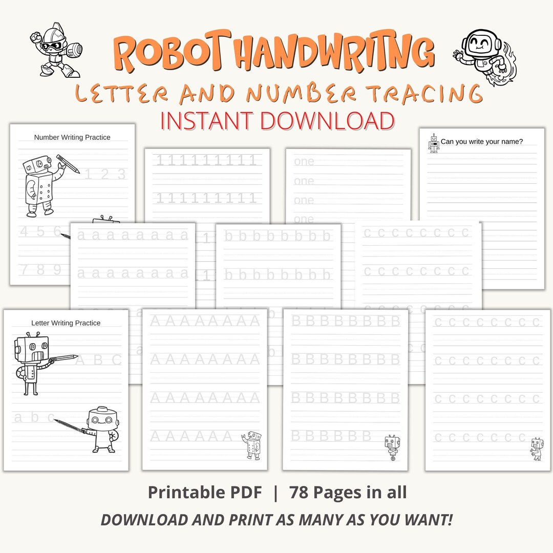 Handwritng Practice Printable, Robot Themed Letter and Number Tracing ...
