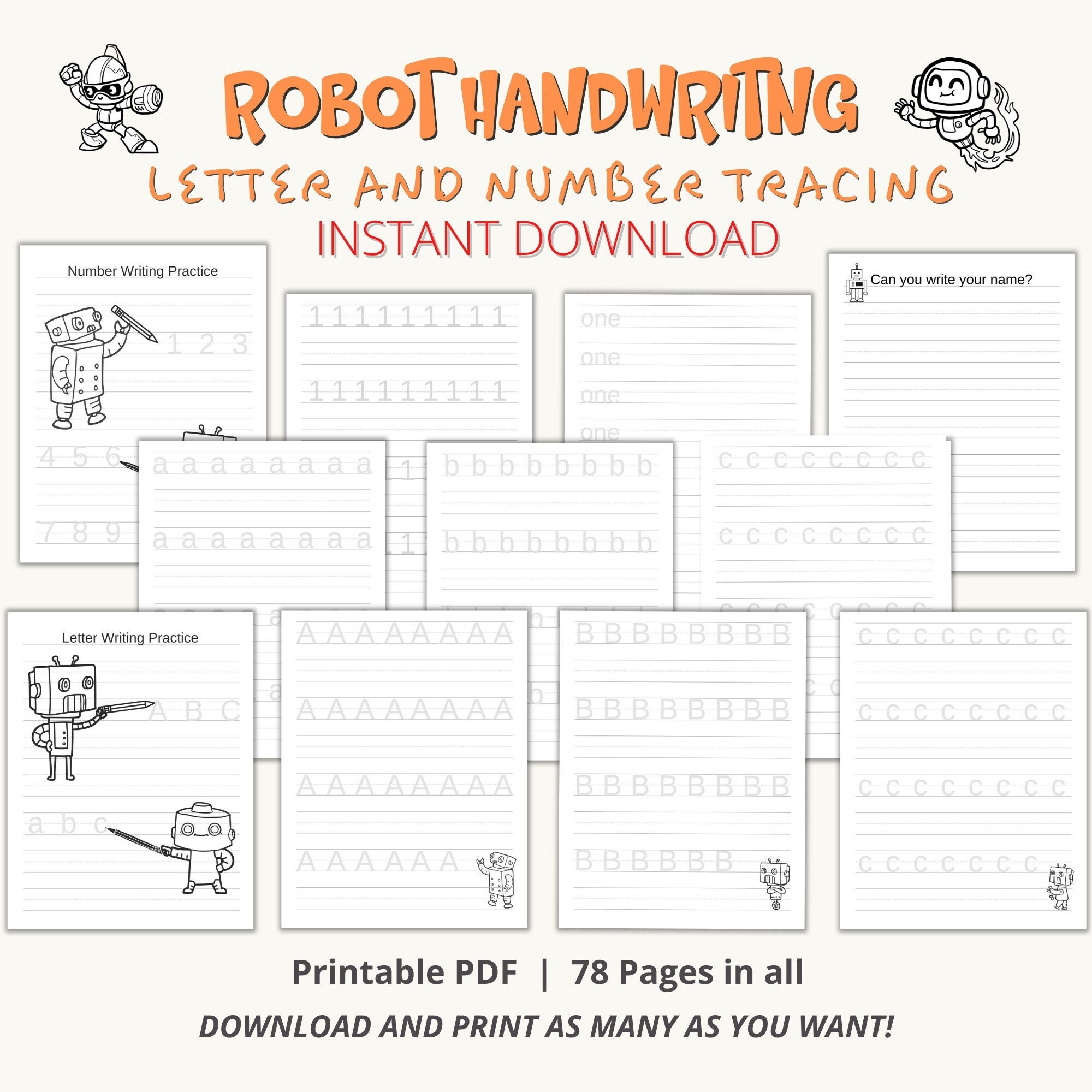 Handwritng Practice Printable, Robot Themed Letter and Number Tracing ...