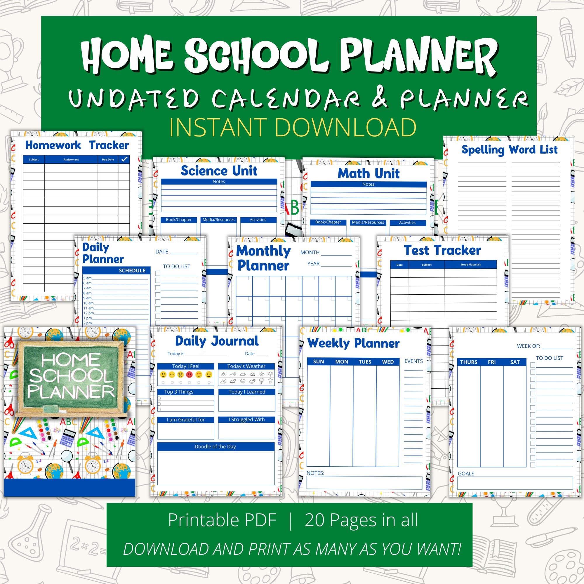 Homeschool Planner Printable, Undated Planner, Homework Tracker ...