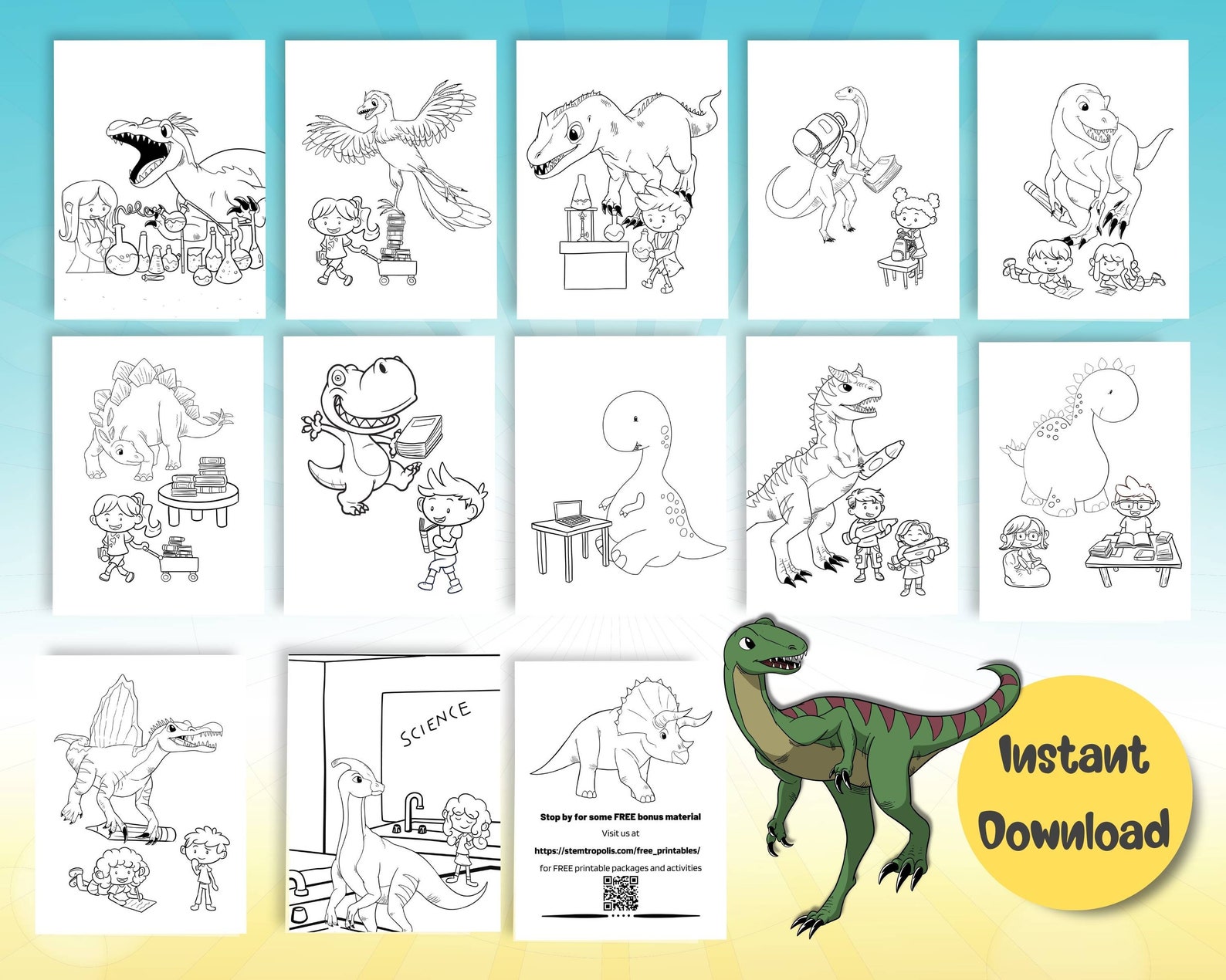 Back to School Dinosaur Coloring Pages Printable Coloring for - Etsy