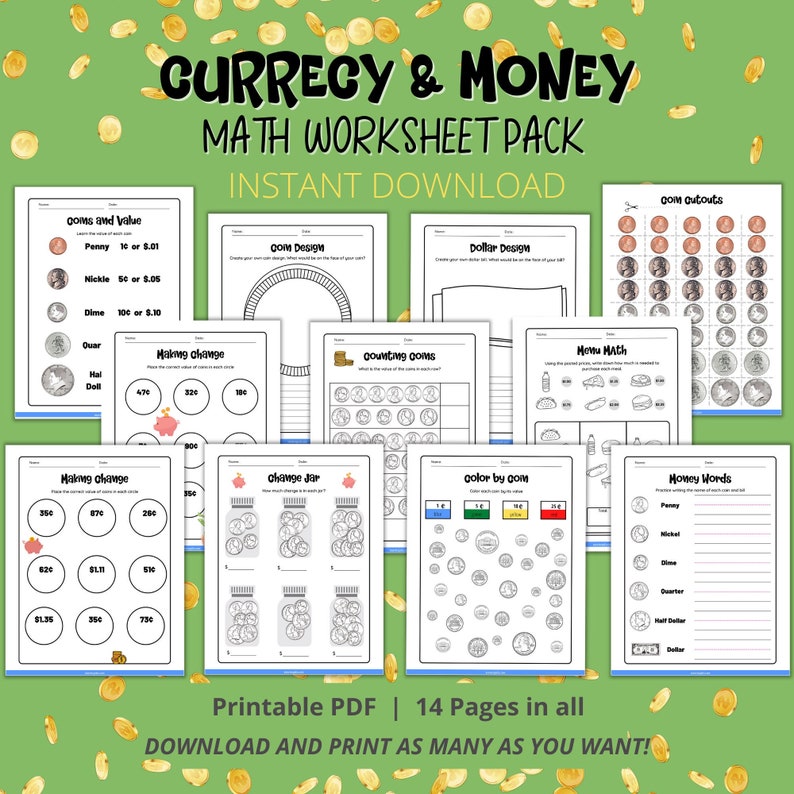 Counting Coins Math Printable Worksheet, Currency & Money, Math Work ...