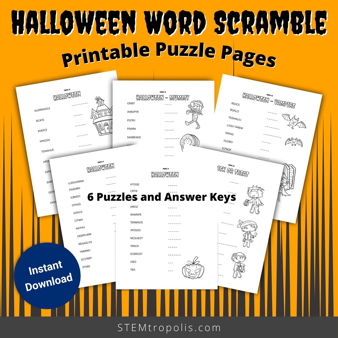 Word Scramble Puzzle for Kids, Halloween Party Games , Puzzles for Kids ...