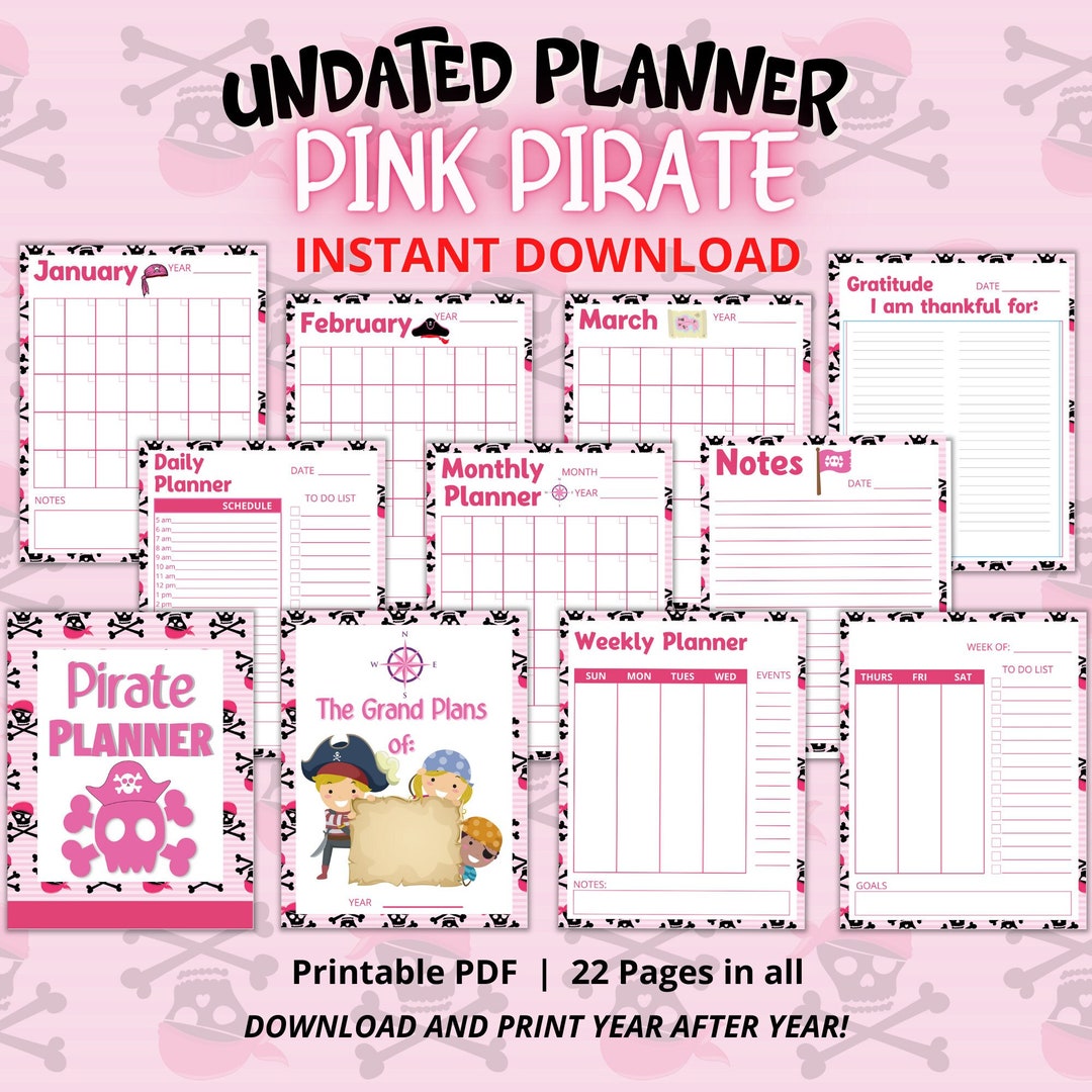 Pink Pirate Undated Planner Printable, Undated Daily Planner and ...