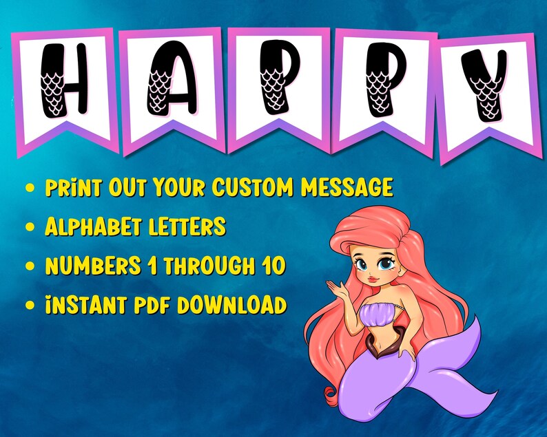 Printable Alphabet Banner Letters and Numbers, Mermaid Banner, Mermaid ...