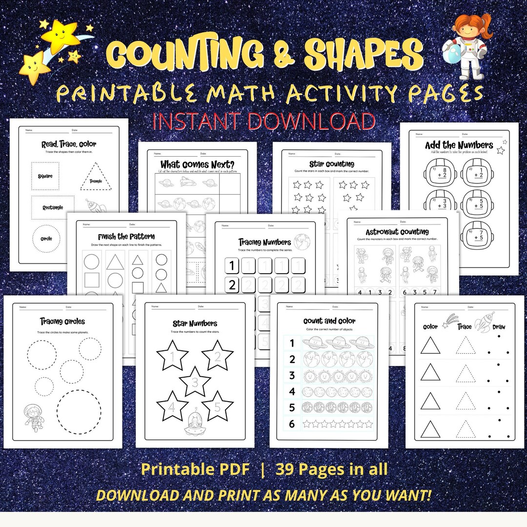 Space Printable Math Worksheets, Shapes Tracing Number Worksheets ...