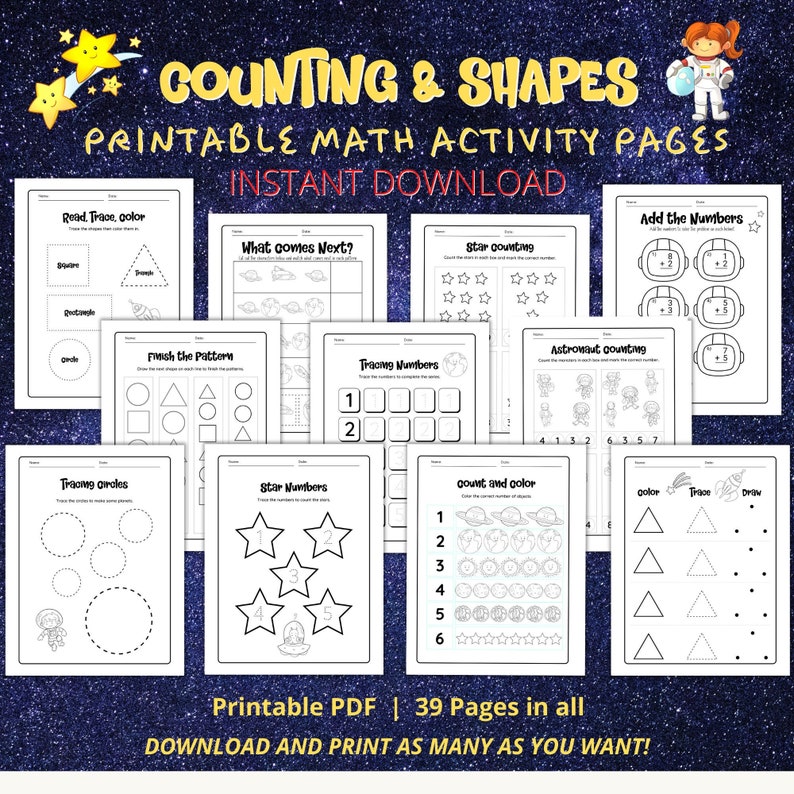 Space Printable Math Worksheets, Shapes Tracing Number Worksheets ...