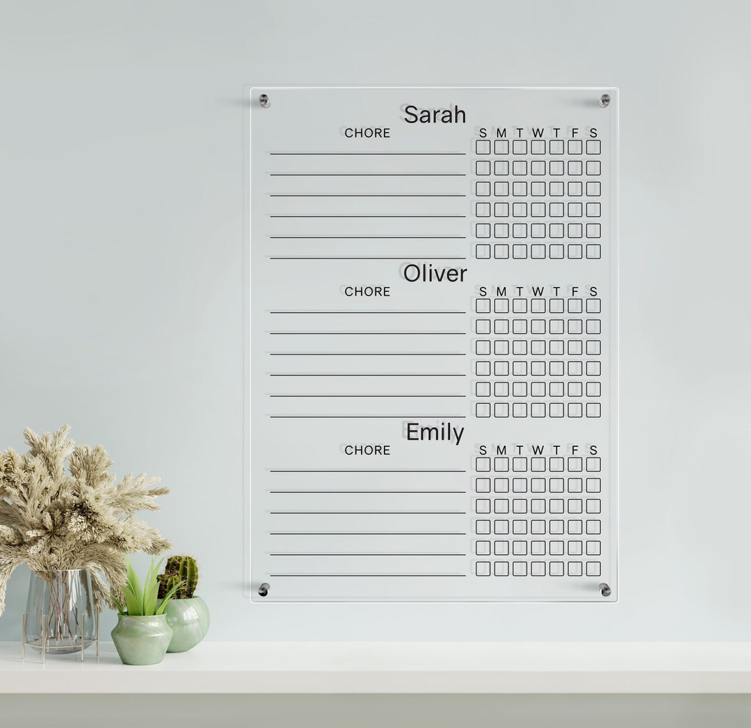 Personalized Acrylic Chore Chart | Chore Chart for 3 People | Dry Erase ...
