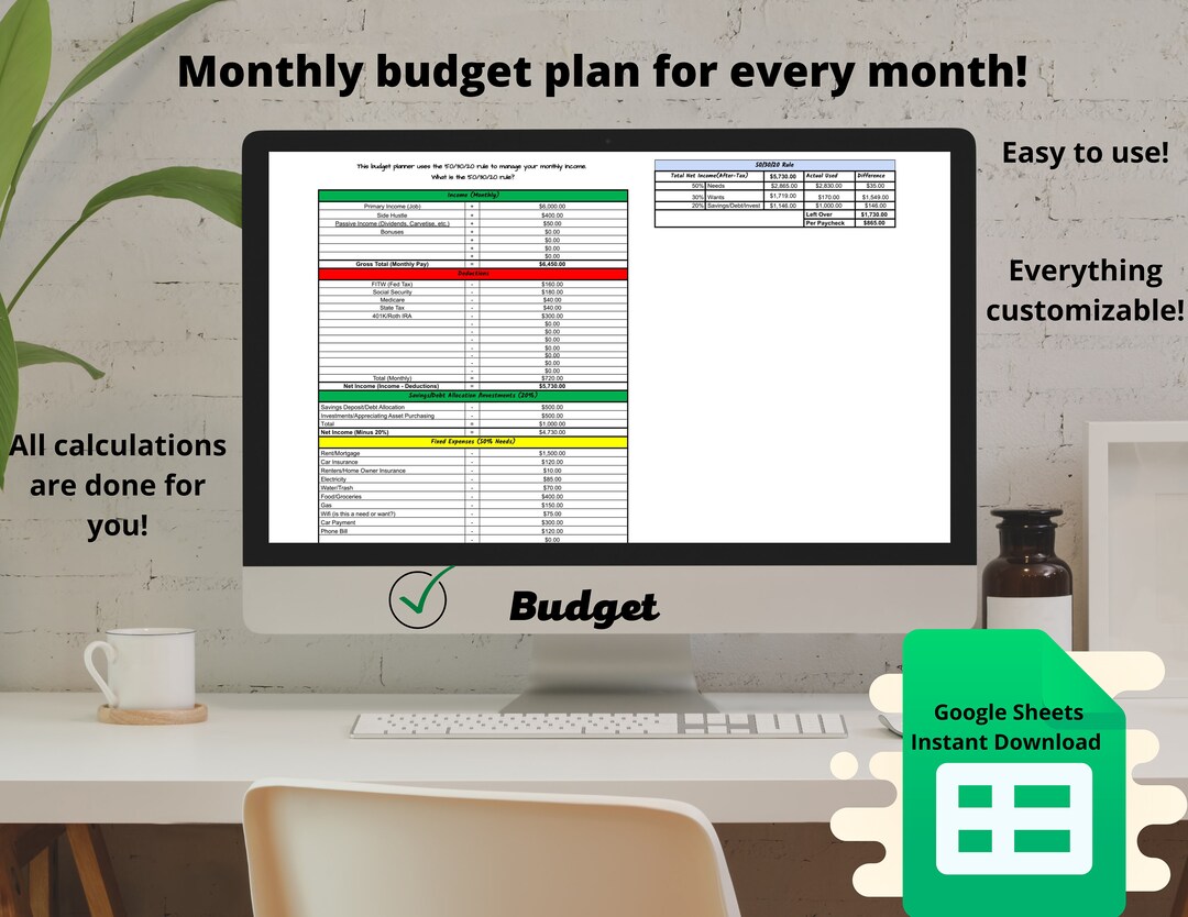 Monthly Budget and Expense Planner Spreadsheet | Google Sheets Budget ...