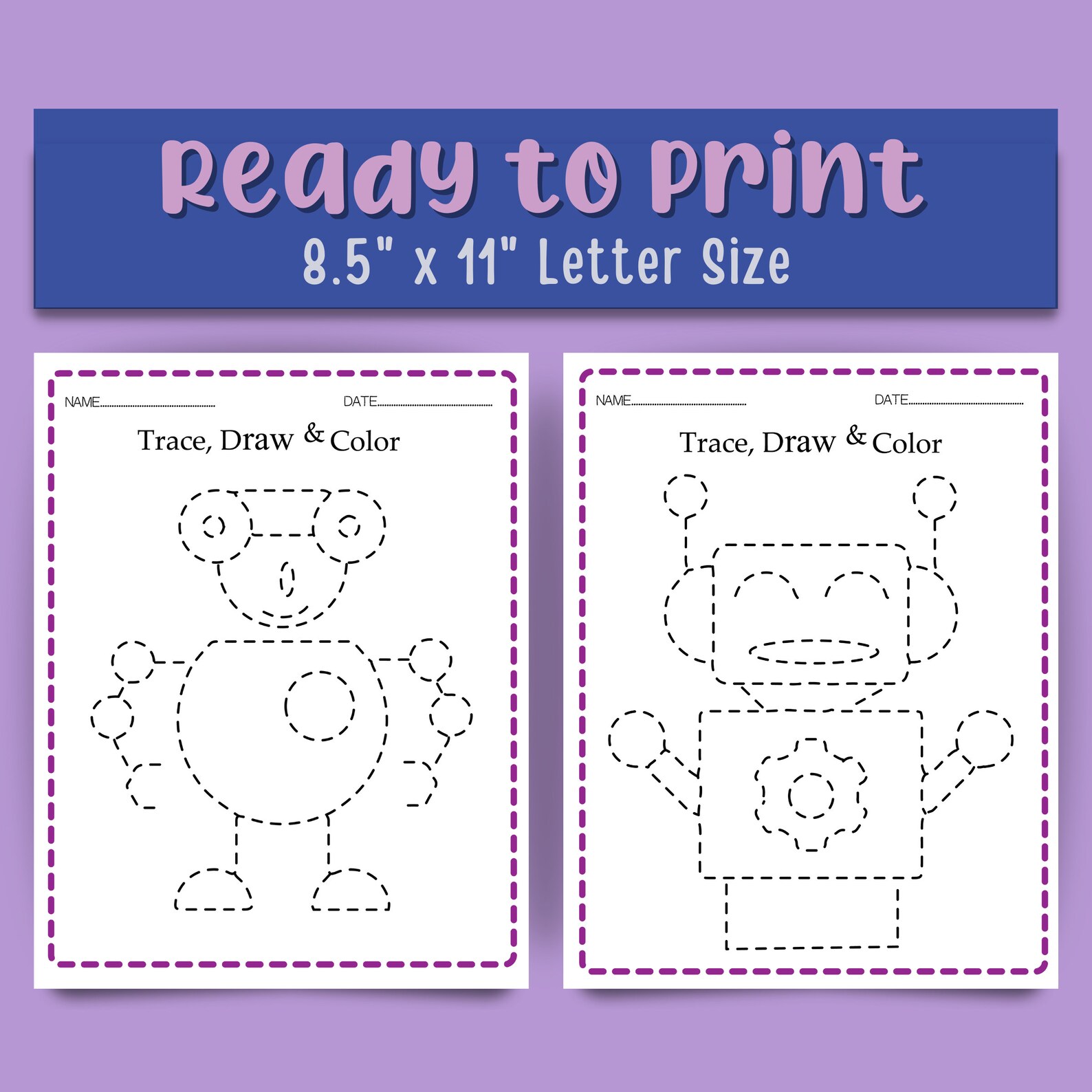 Robot Tracing Coloring Pages Toddler Writing Practice Printable PDF ...