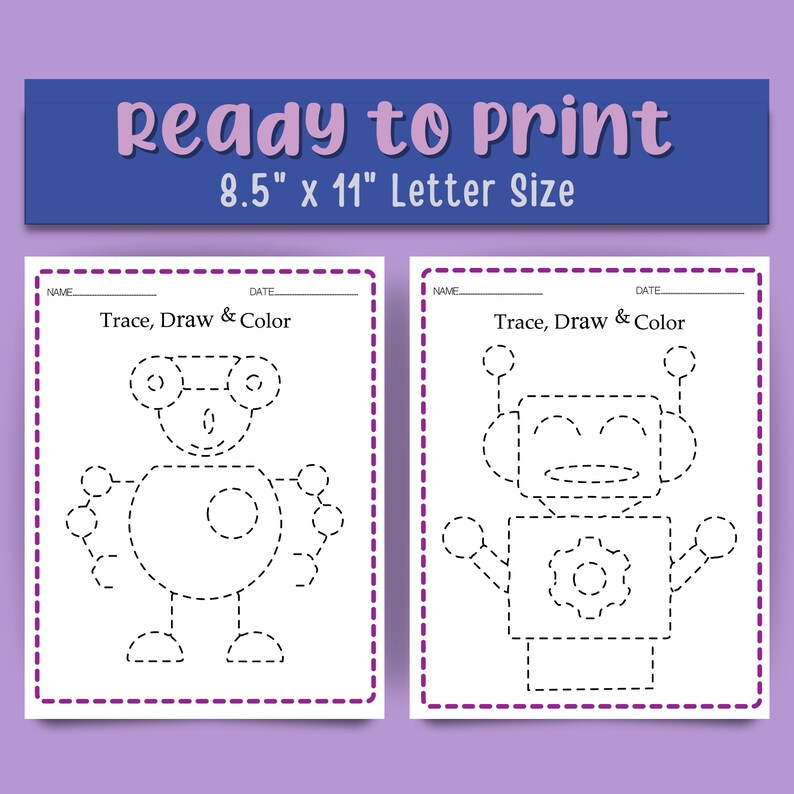 Robot Tracing Coloring Pages Toddler Writing Practice Printable PDF ...