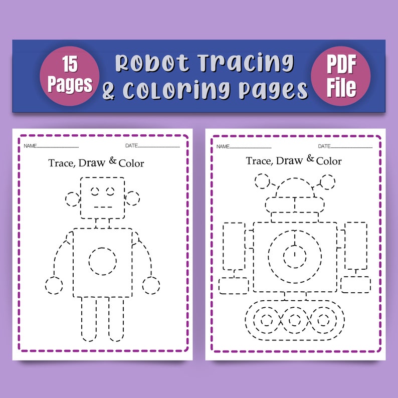 Robot Tracing Coloring Pages Toddler Writing Practice Printable PDF ...
