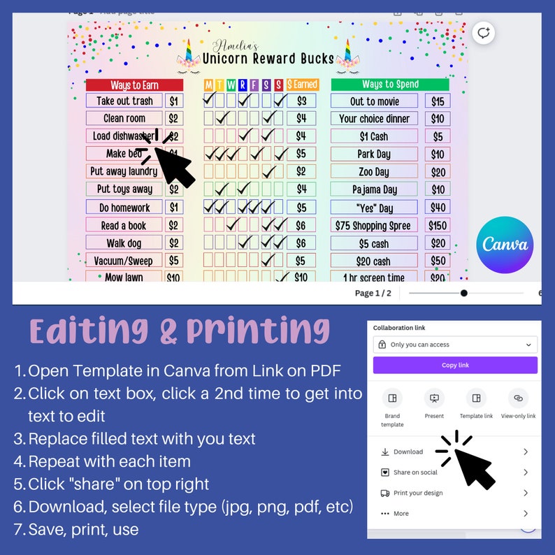 Unicorn Reward Chart for Kids | Chore Chart & Printable Bucks (editable ...