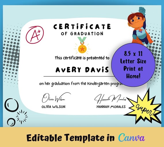 Kindergarten Diploma Certificate Superhero Preschool Certificate