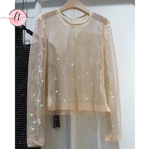 Holographic Rhinestone See Through Long Sleeve Top sparkly Glitter ...