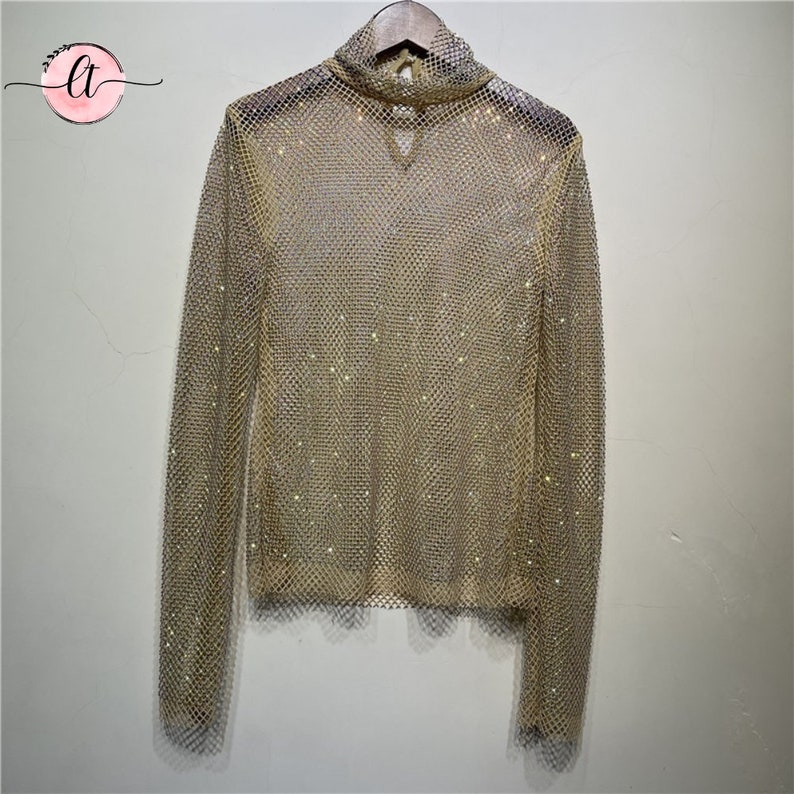 Rhinestone See Through Long Sleeve Top Sparkly Glitter - Etsy