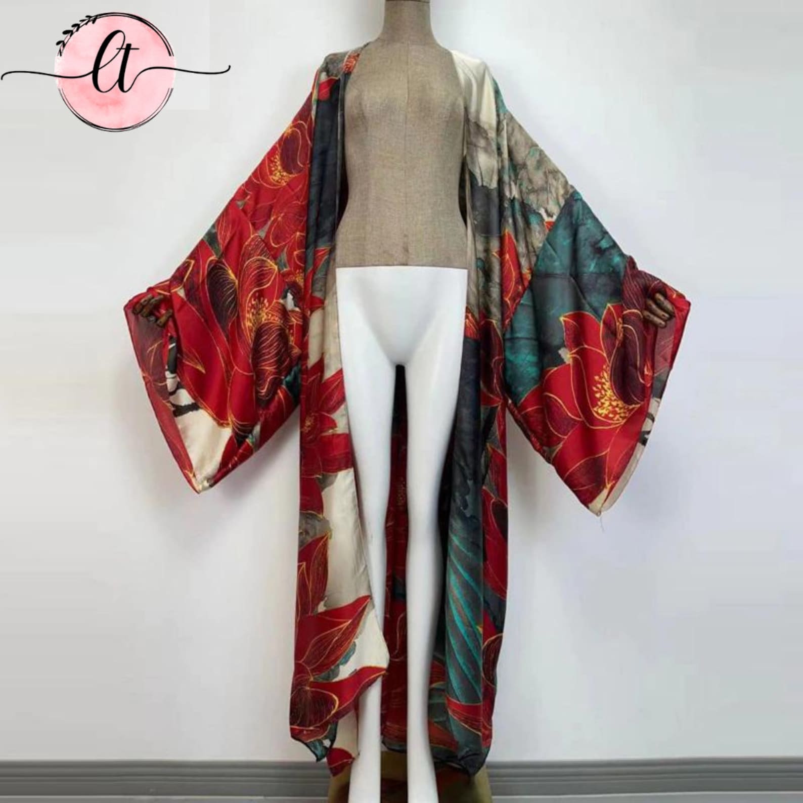 Red Long Floral Kimono Lotus Kimono Batwing Sleeve Kimono - Etsy