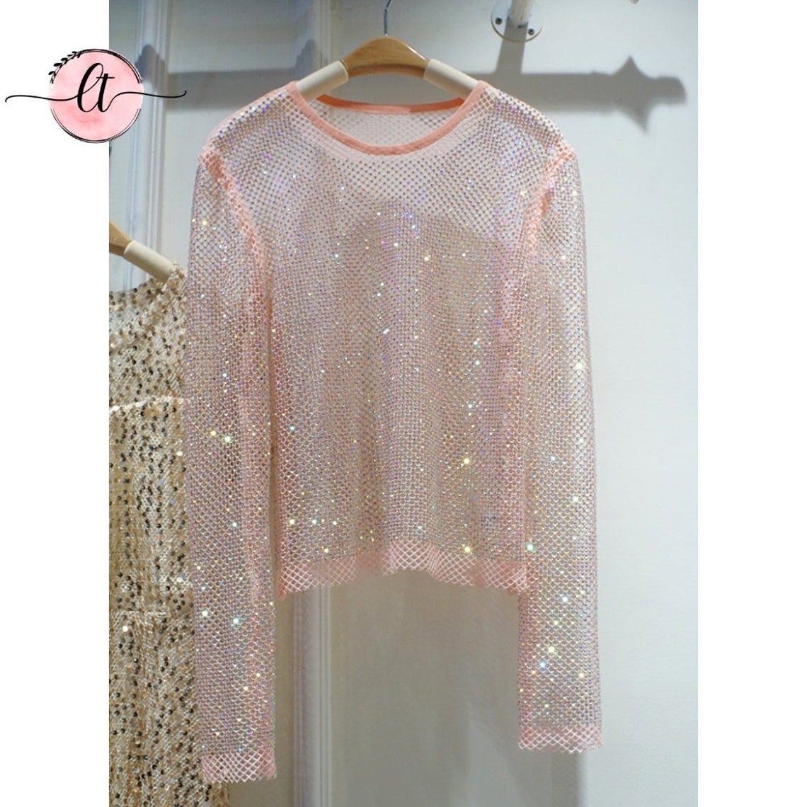 Holographic Rhinestone See Through Long Sleeve Top sparkly - Etsy
