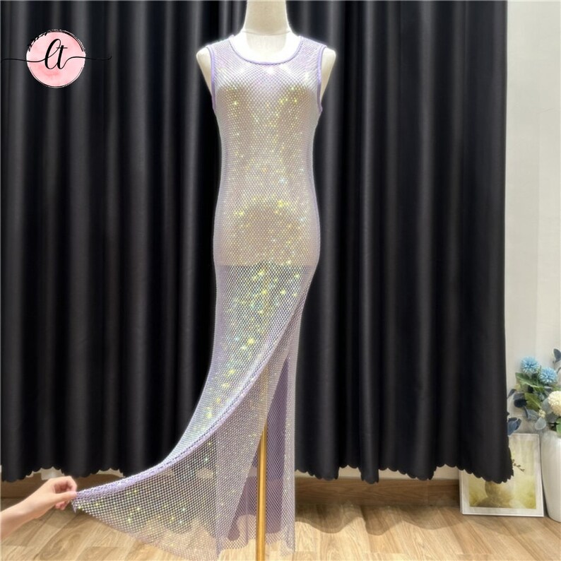 Holographic Rhinestone See Through Split Long Dress Sparkly - Etsy