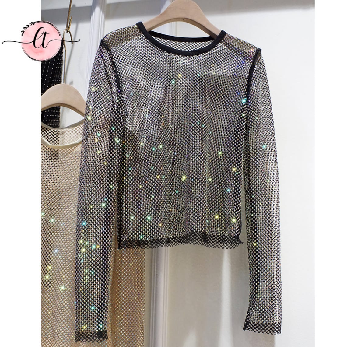 Holographic Rhinestone See Through Long Sleeve Top sparkly - Etsy