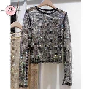 Holographic Rhinestone See Through Long Sleeve Top sparkly Glitter ...