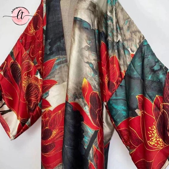 Red Long Floral Kimono Lotus Kimono Batwing Sleeve Kimono - Etsy