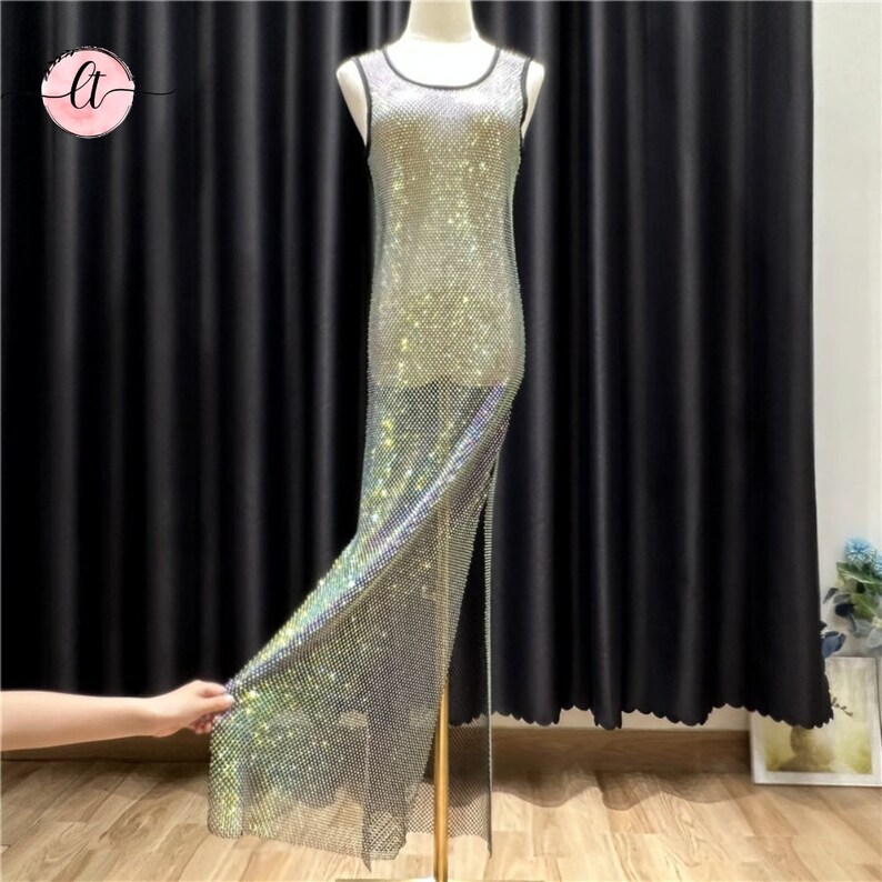Holographic Rhinestone See Through Split Long Dress Sparkly - Etsy