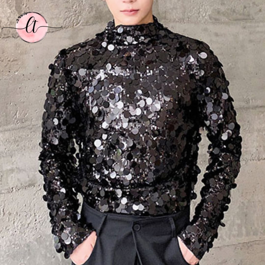 Men Sequin See Through Long Sleeve Shirt Sheer Standing Neck Slim Male ...