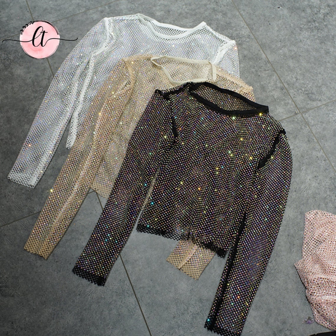 Holographic Rhinestone See Through Long Sleeve Top sparkly - Etsy