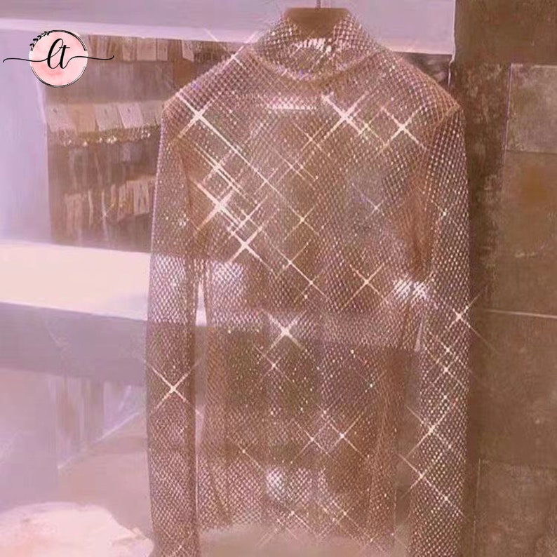 Rhinestone See Through Long Sleeve Top Sparkly Glitter - Etsy