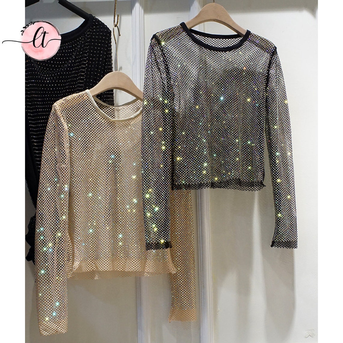 Holographic Rhinestone See Through Long Sleeve Top sparkly - Etsy