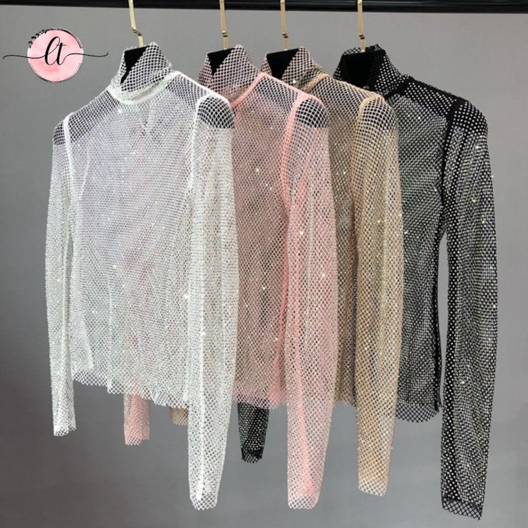 Rhinestone See Through Long Sleeve Top Sparkly Glitter Diamond Fishnet ...