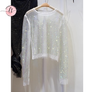Holographic Rhinestone See Through Long Sleeve Top sparkly Glitter ...