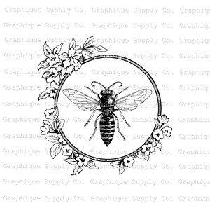 Honey Bee Clipart in Floral Circle Frame, Flower Overlay, Cottage Core ...