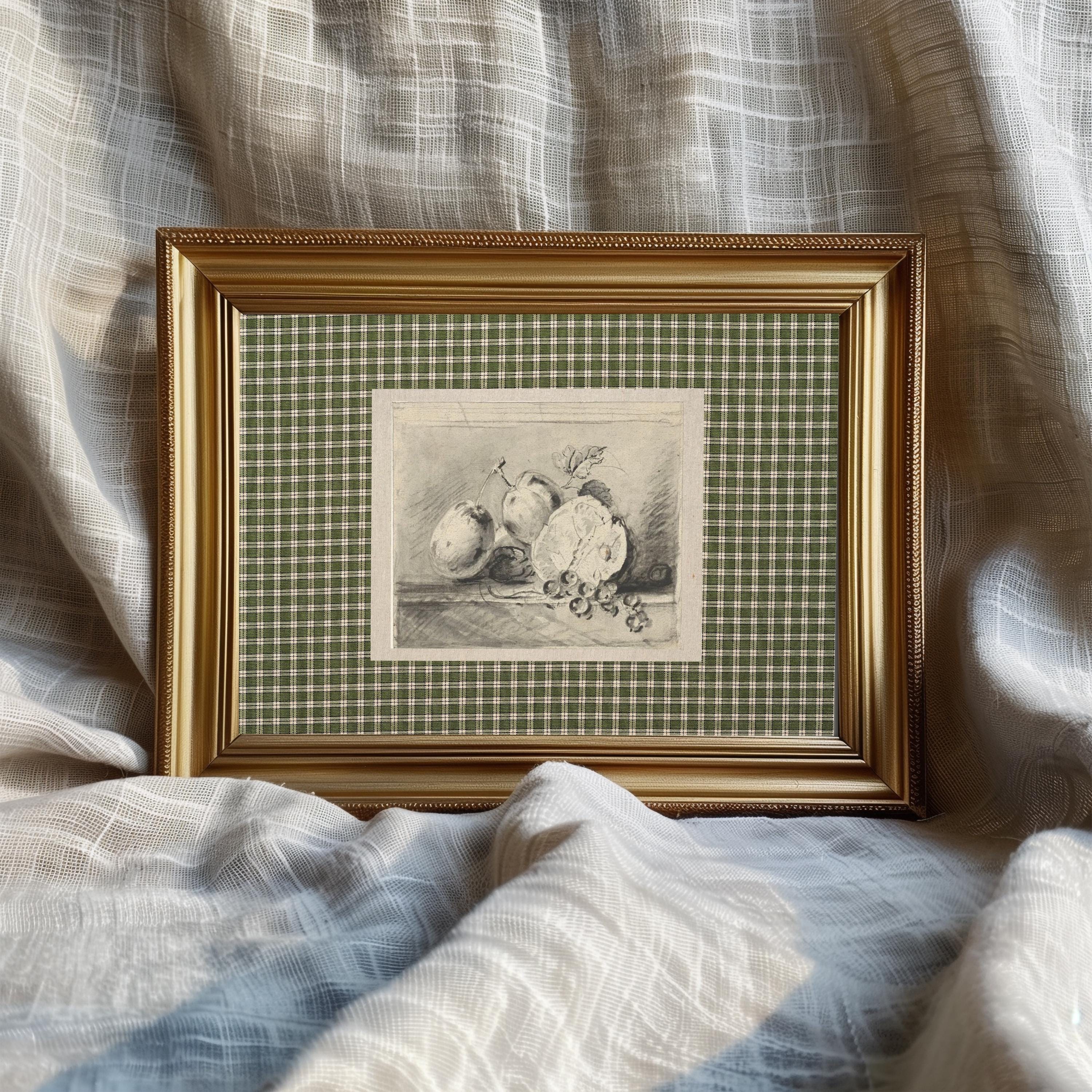 Green Plaid Vintage French Country Wall Art, Vintage Fruit Sketch Print ...