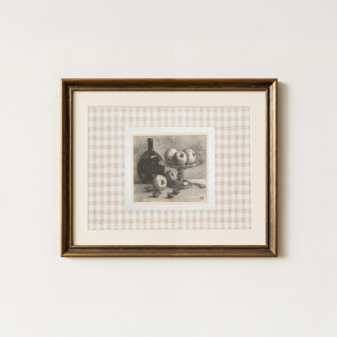 Beige Gingham Vintage French Country Wall Art, Farmhouse Table Print ...