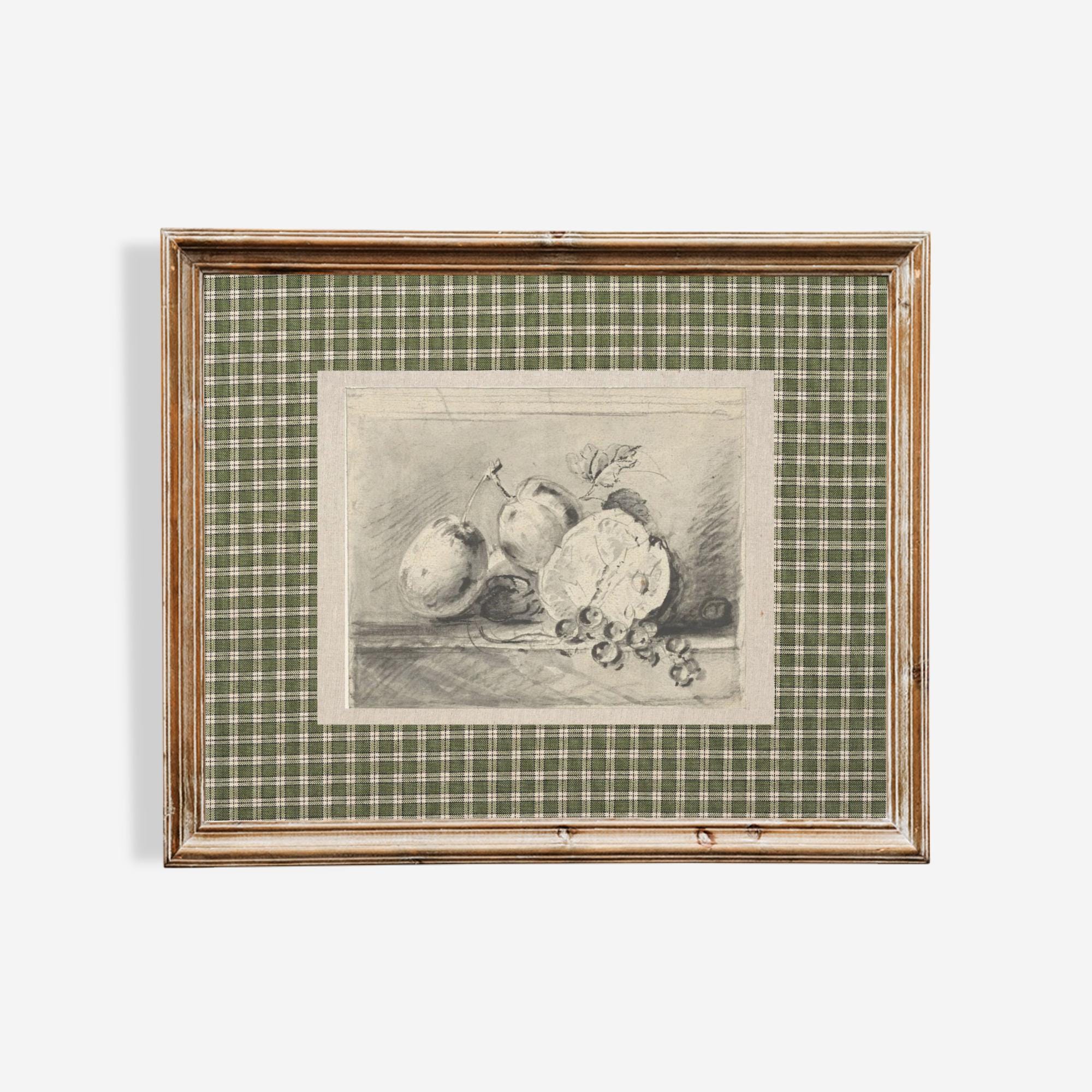 Green Plaid Vintage French Country Wall Art, Vintage Fruit Sketch Print ...