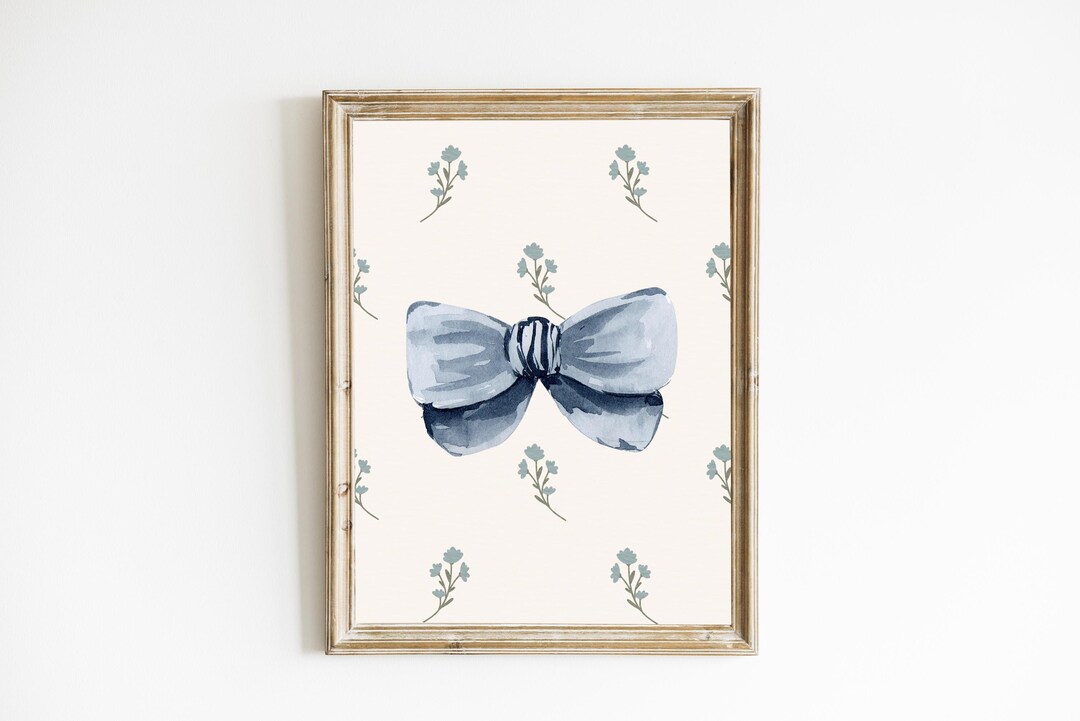 Blue Floral Bow Wall Art Print, Vintage Nursery, Cottage Core Bedroom ...