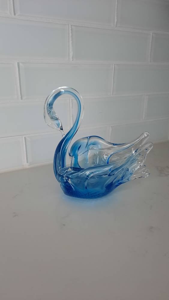 Vintage Glass Blue Swan, Hand Blown Glass Swan, Blue Glass Swan ...