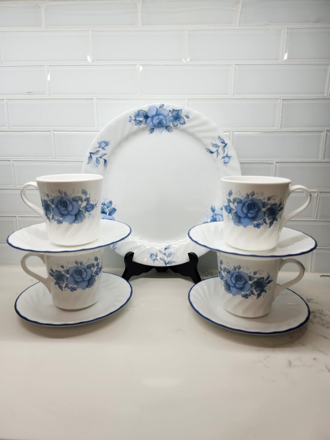 Vintage Corelle Blue Velvet Roses Dinnerware Set, 16 Pieces, Four ...