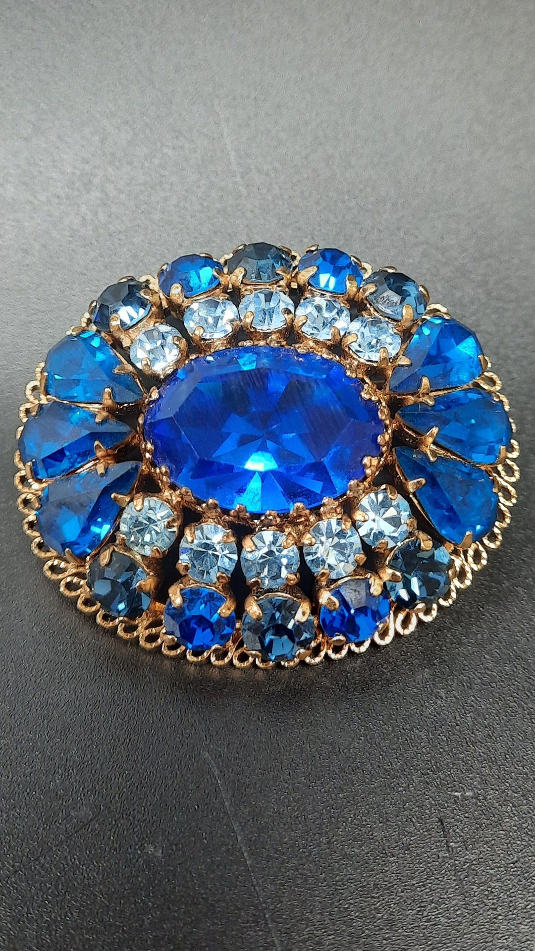 Vintage 1950s Rhinestone Brooch, Made in Austria, Oval Light Blue Cobal ...