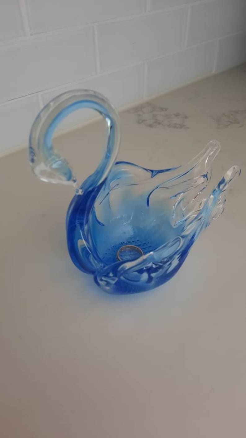 Vintage Glass Blue Swan, Hand Blown Glass Swan, Blue Glass Swan ...