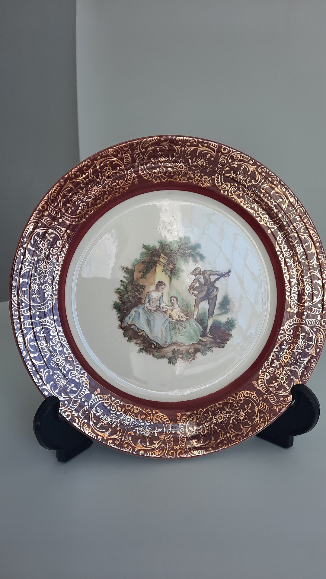 Vintage Sebring Pottery Plate: Burgundy & 22K Gold, Courting Scene - Etsy