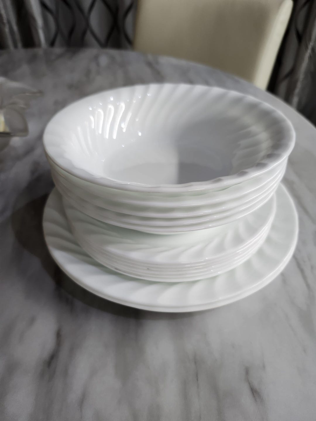 Vintage Corelle Swirl ENHANCEMENTS White Dinner Set, 13 Pieces, Cereal ...