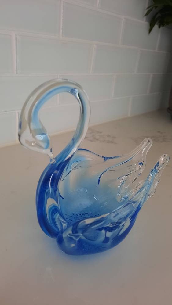 Vintage Glass Blue Swan, Hand Blown Glass Swan, Blue Glass Swan ...