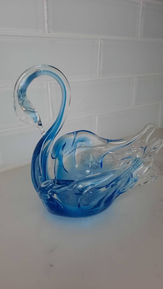 Vintage Glass Blue Swan, Hand Blown Glass Swan, Blue Glass Swan ...