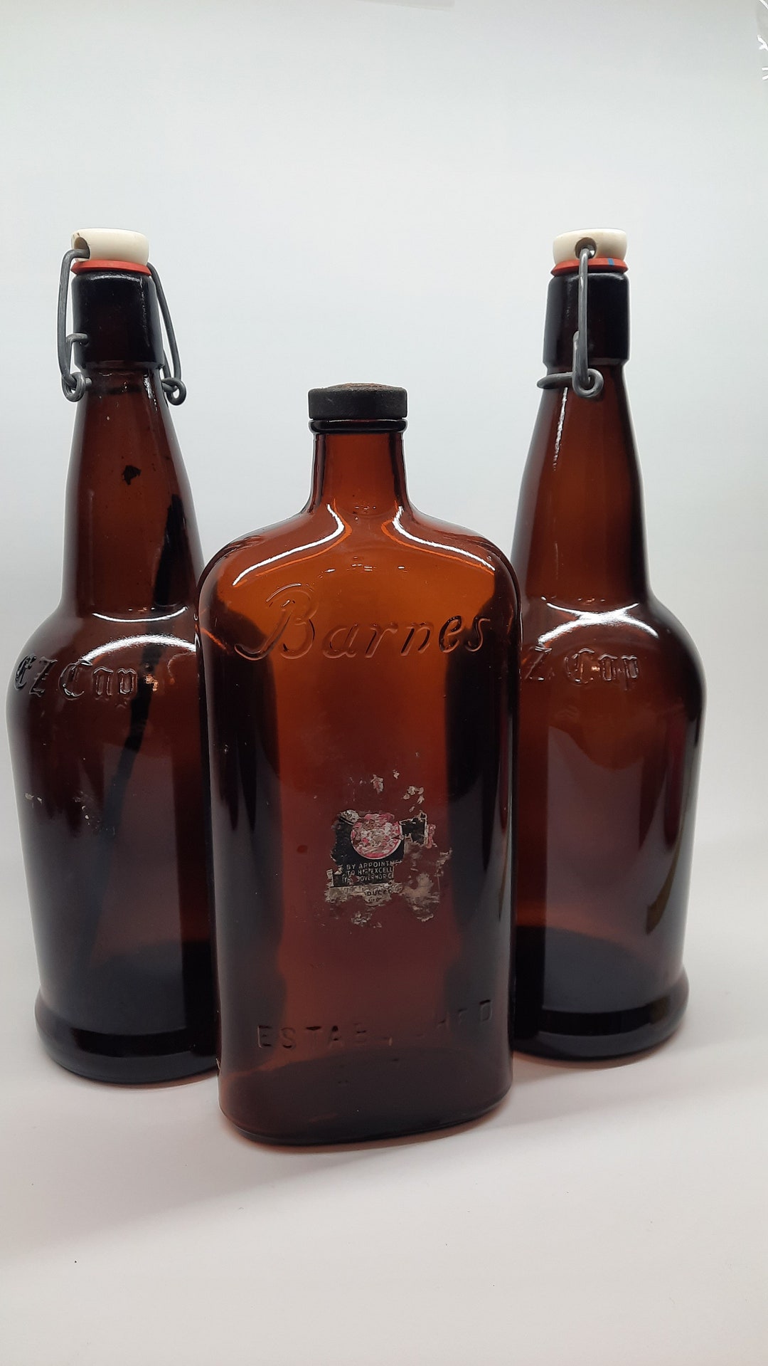 Set of Three Brown Vintage Bottles, Brown Wines Flask With Original Cap ...