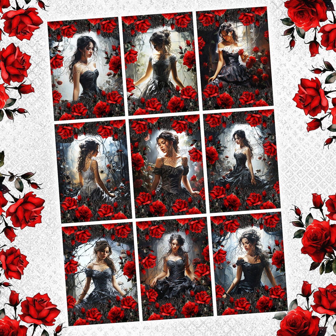 ATC Women With Roses, Artist Trading Cards, Junk Journal Cards, Pocket ...