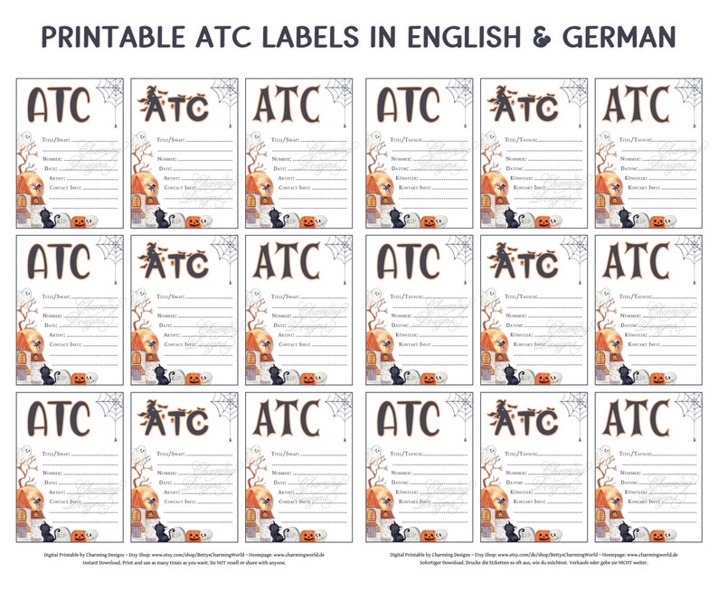 Halloween ATC Back Sides, Artist Trading Card Label, Digital Download ...