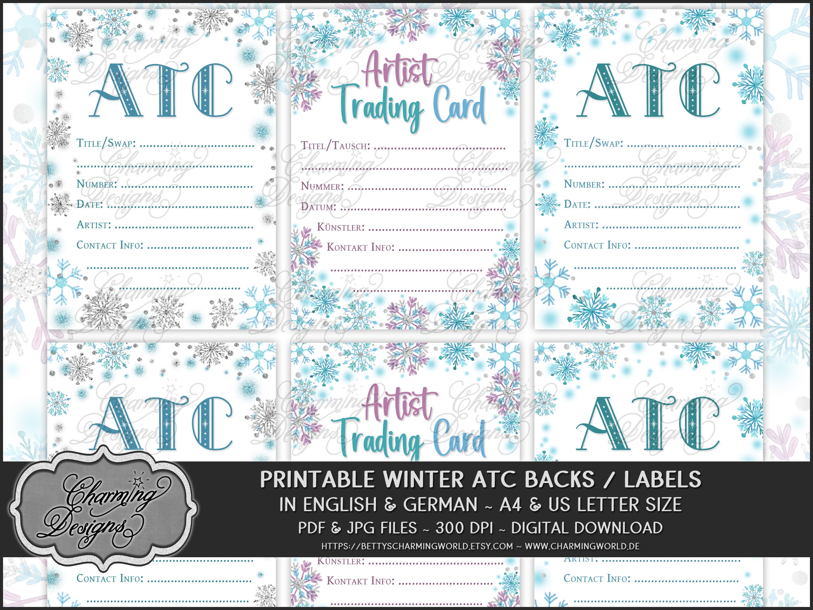 Winter ATC Back Sides, Ice Crystal Artist Trading Card Label, Digital ...