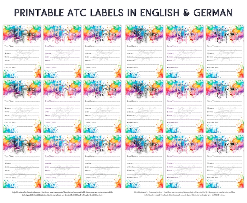 ATC Back Sides, Colorful Artist Trading Card Label, Digital Download ...